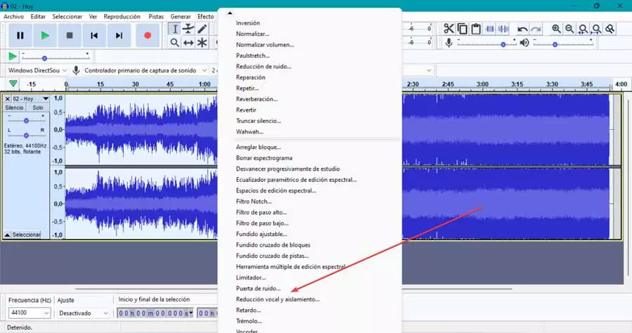 Giảm và cô lập giọng nói Audacity