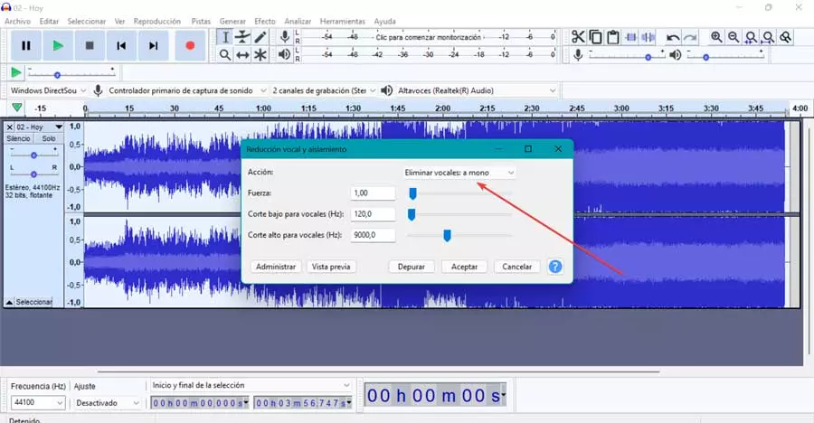 Audacity pašalina balses iki monofoninio