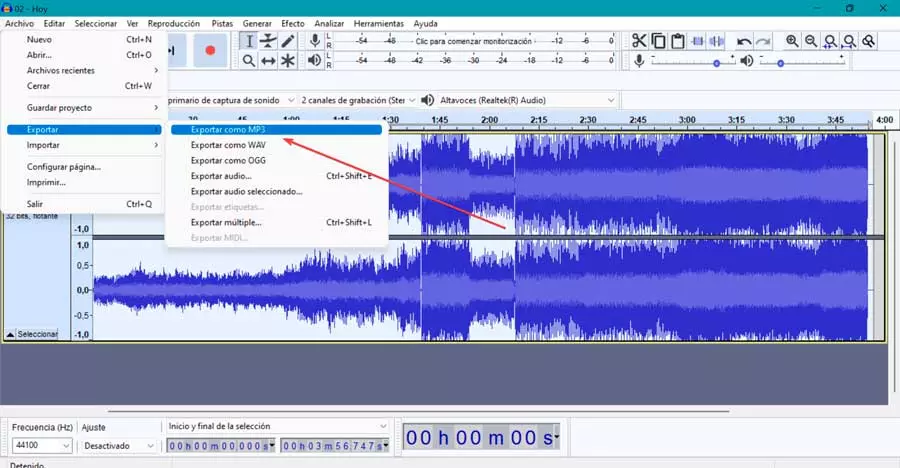 Audacity экспортын MP3