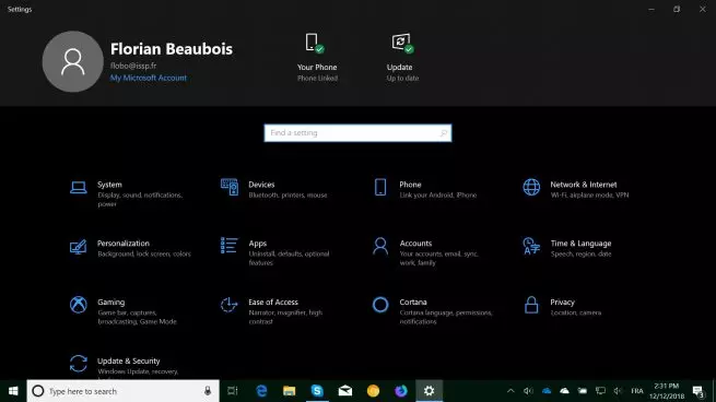 პარამეტრების ფანჯარა Windows 10 19H1 - 2