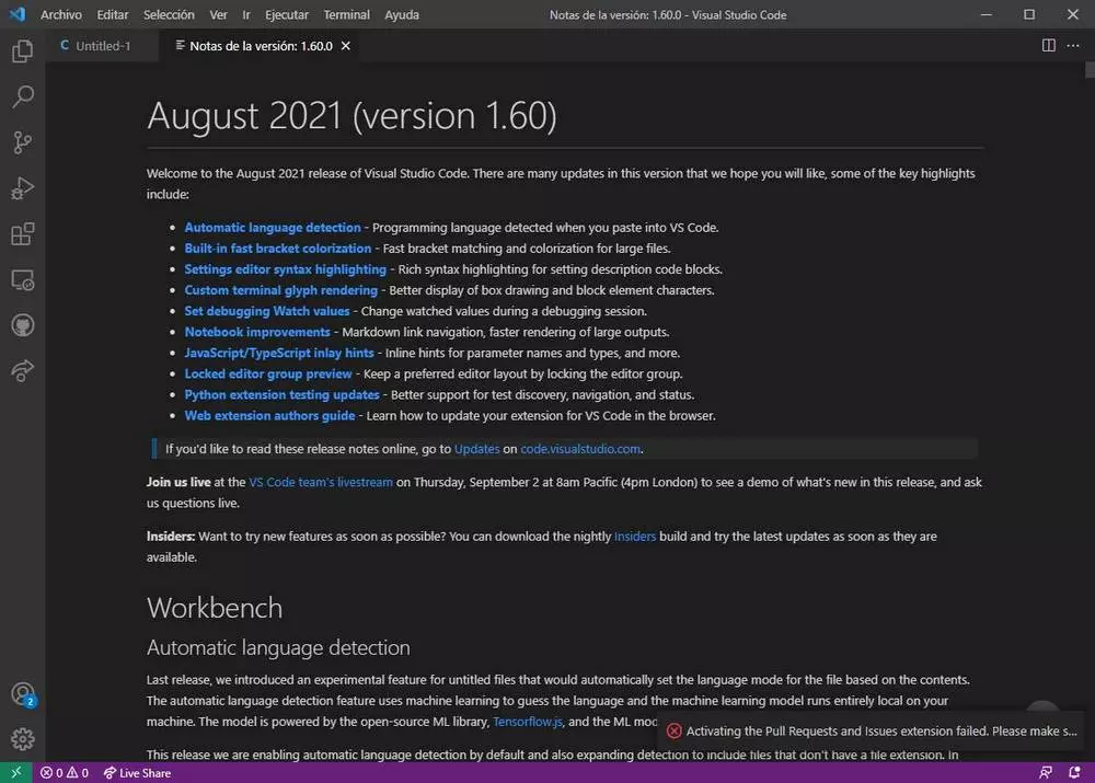 Registro delle modifiche di Visual Studio Code 1.60