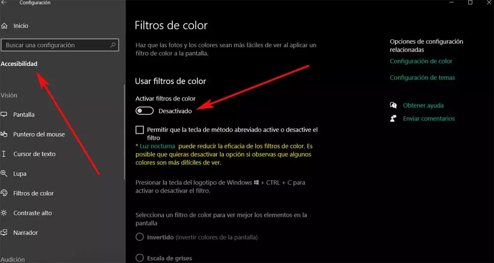 Aktivirajte barvne filtre Zaslon Windows
