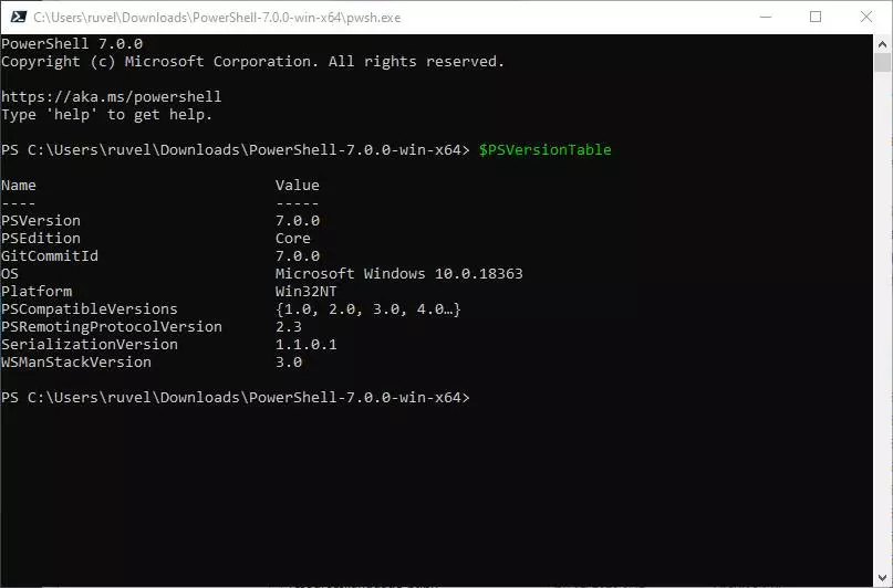 PowerShell 7.0 di Windows