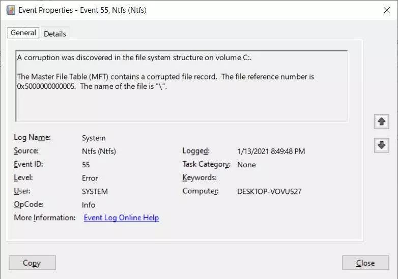 Majstra Dosiera Tablo (MFT) - NTFS W10 Eraro