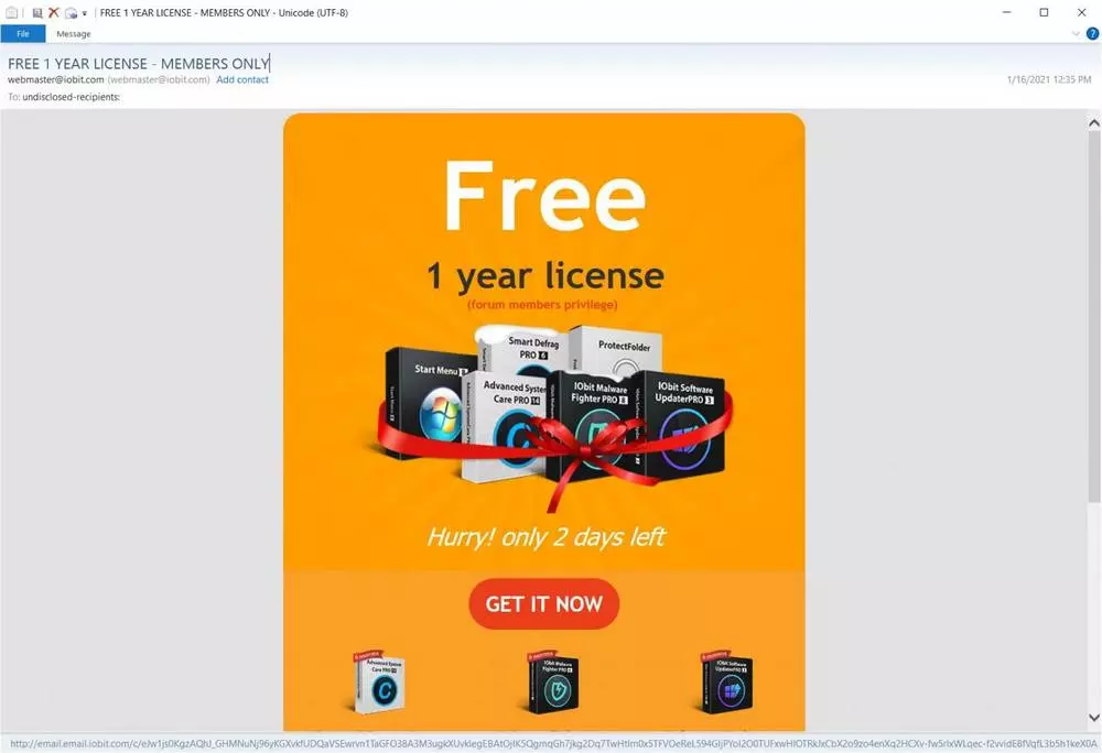 가짜 무료 라이센스 IObit 프로모션