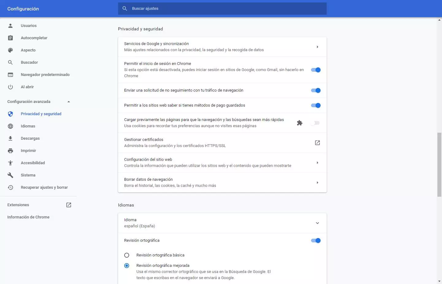 Chrome privacy options