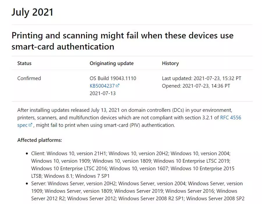 Windows 10-та KB5004237 пачасы белән бастыру проблемалары