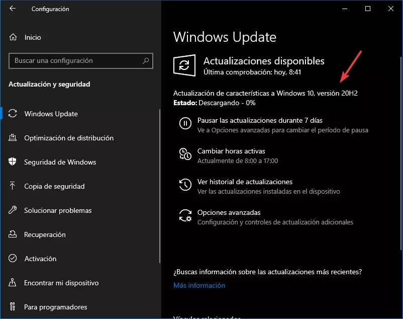 Aggiornamento di Windows 10 20H2 disponibile