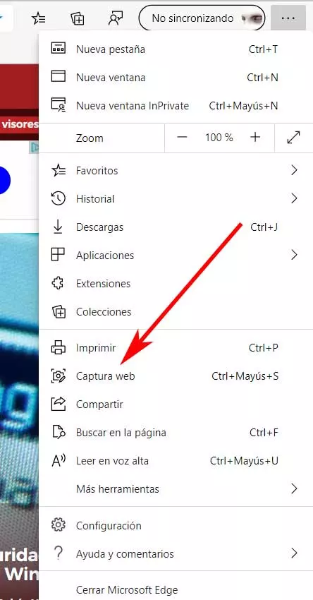 Menu de captura da Web