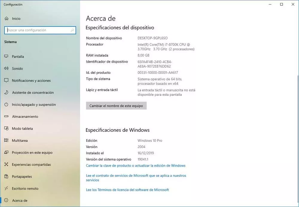 Windows 10 20H1 compilación 19041.1