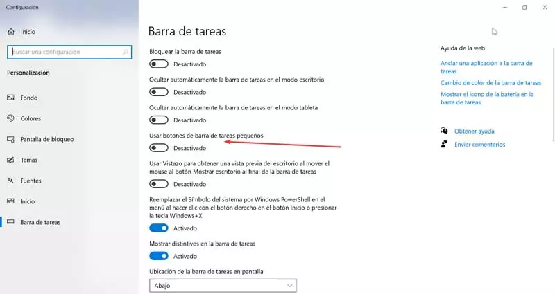 Barra de tarefas de configurações