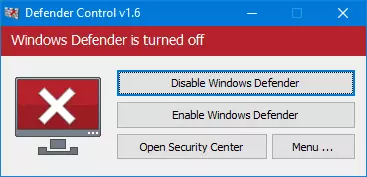 Кіраванне Defender - Абаронца Windows выключана