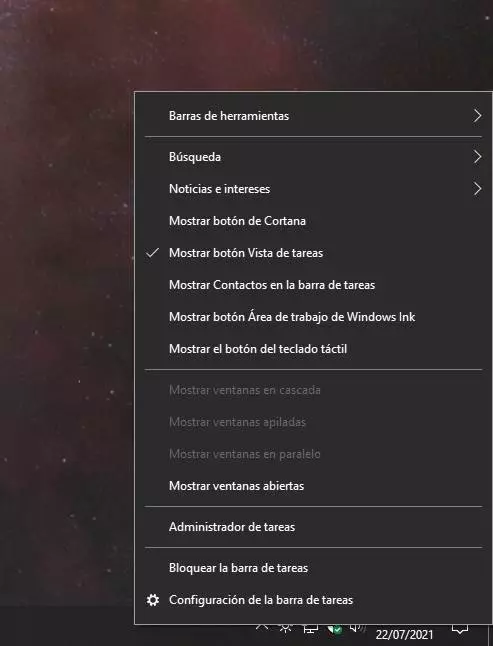 Bara de activități Windows 10 - Meniu contextual