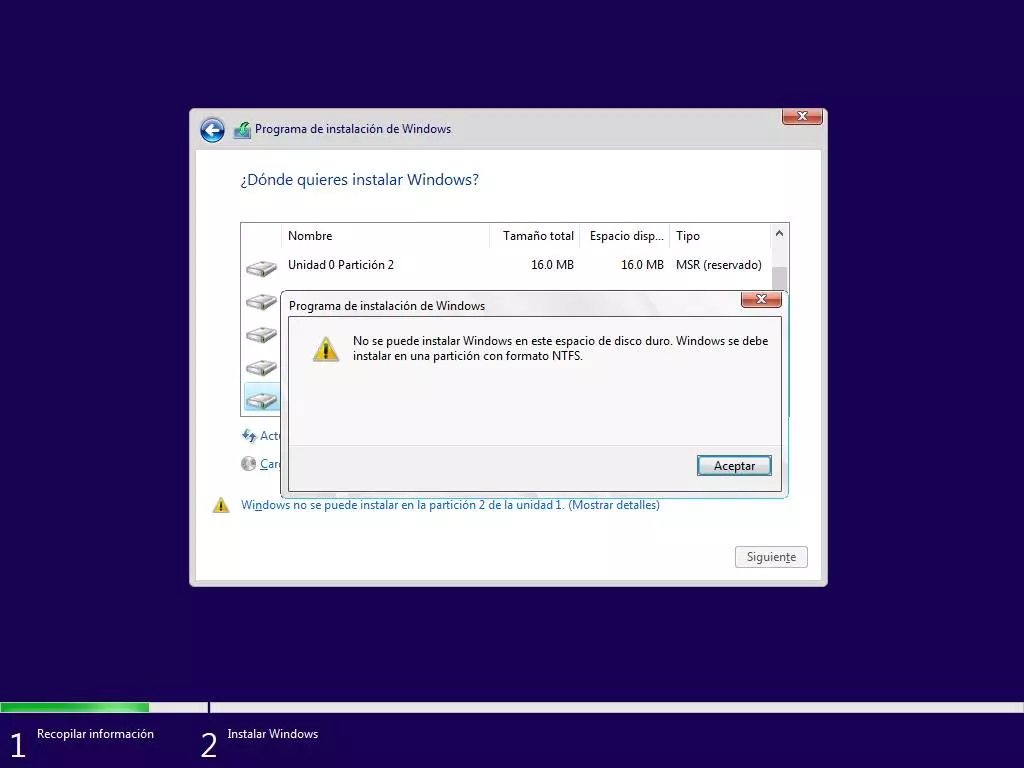Памылка пры ўсталёўцы Windows 10 на раздзел без NTFS