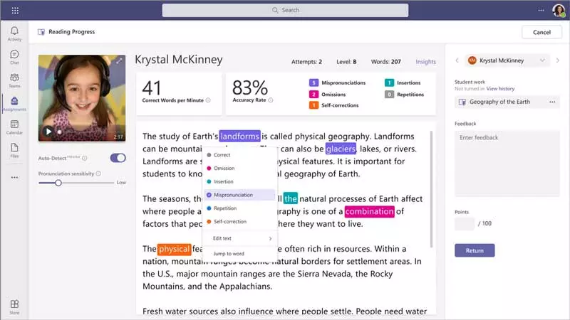 Student používající Reading Progress v Microsoft Teams