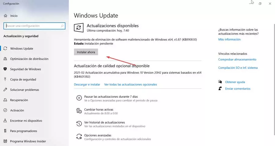 Miandry fanavaozana avy amin'ny Windows Update