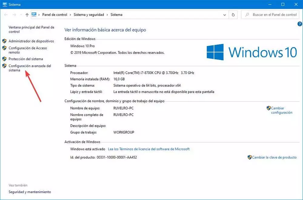 Bilgi penceresi PC Windows 10 - Gelişmiş ayarlara erişin