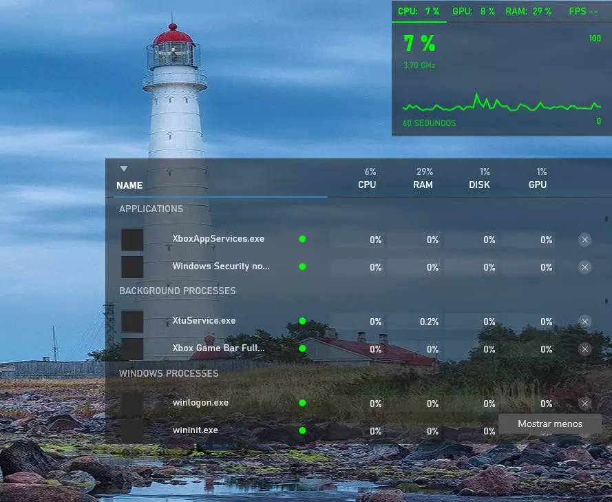 Gadget-uri de monitorizare a resurselor din Bara de jocuri pentru a vizualiza procesele și performanța