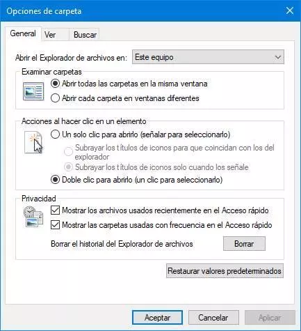 Opzioni della cartella di Windows 10