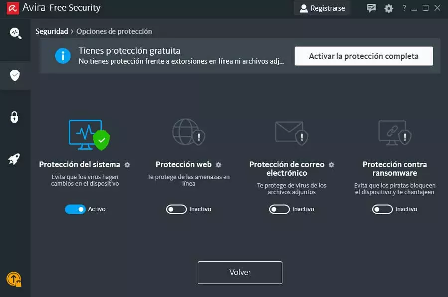 Opcións de protección de Avira