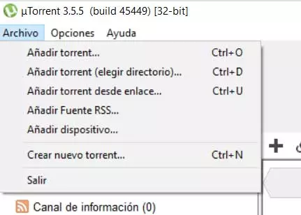 uTorrent файл менюсы