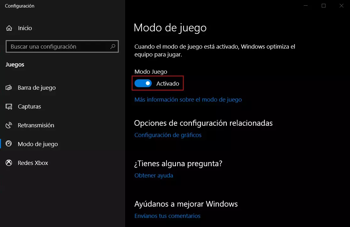 Attivazione della modalità di gioco in Windows 10.