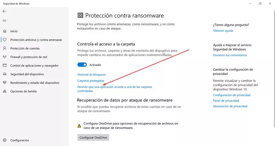 Seguridade de Windows Permite que unha aplicación acceda a un dos teus cartafoles controlados