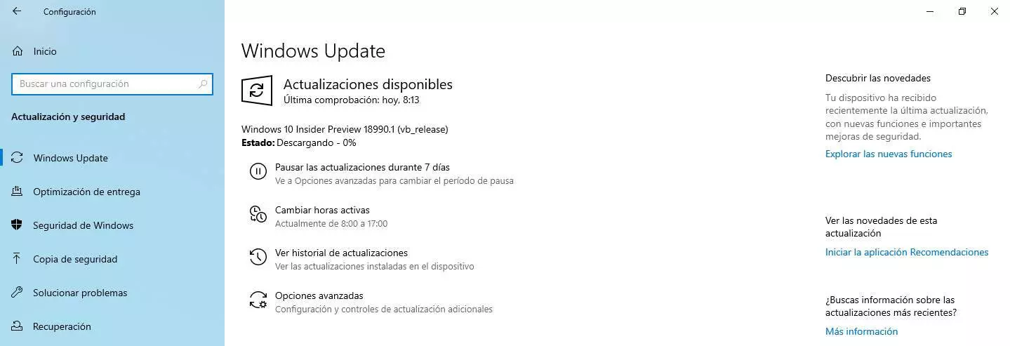 Windows 10 20H1 compilação 18990 Windows Update