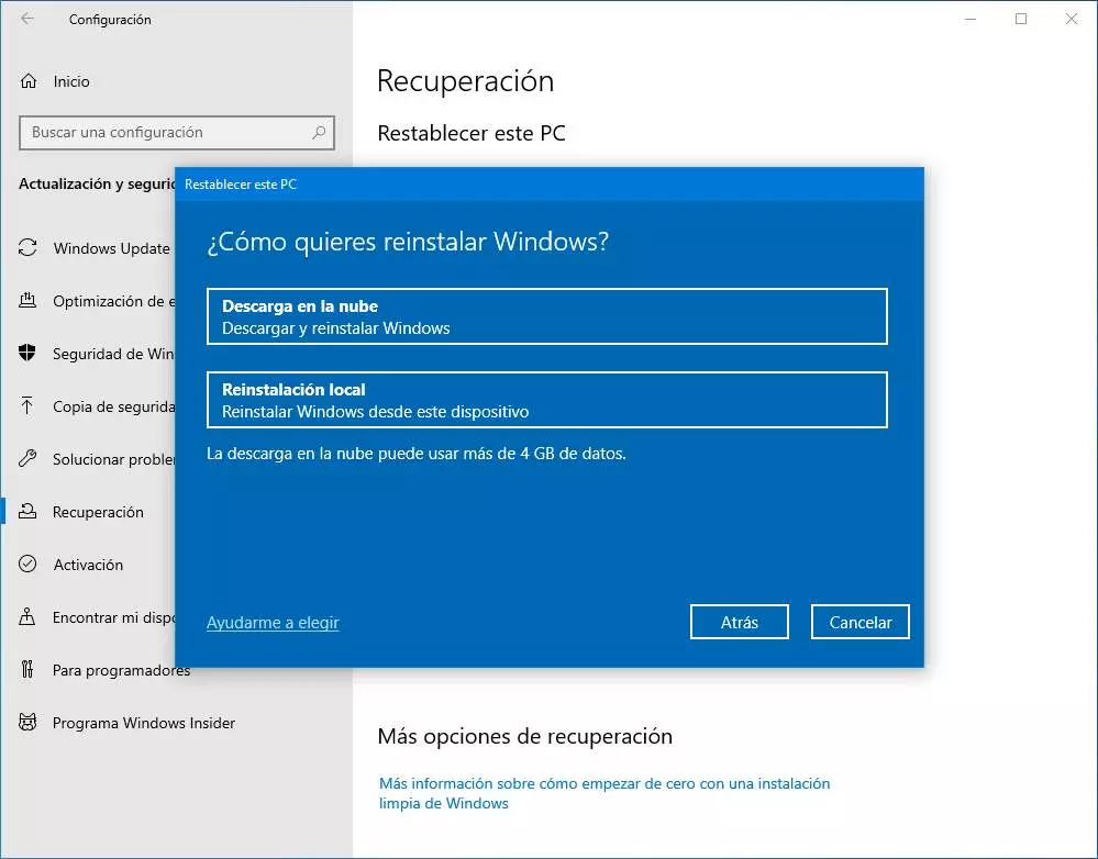 Téléchargement sur le cloud réinitialiser Windows 10