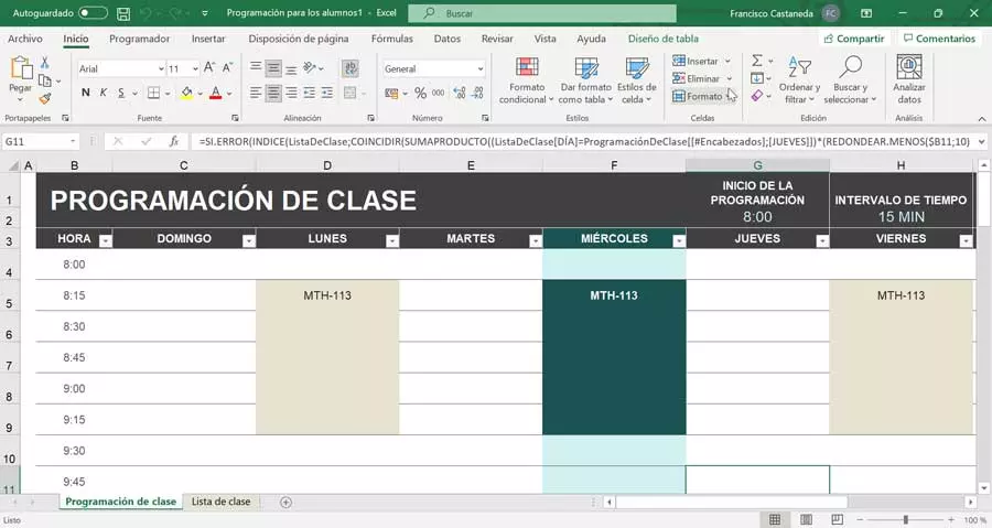 Excel-klassschemaläggning
