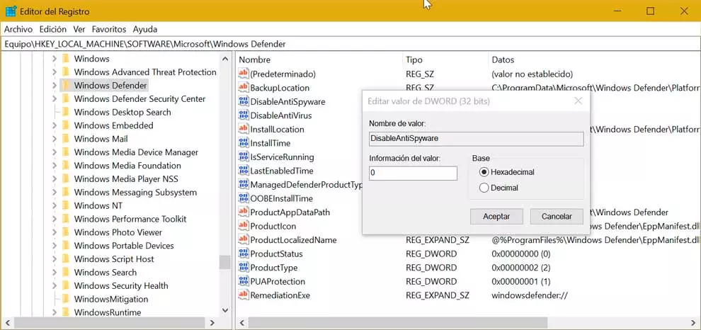 DisableAntiSpyware மதிப்பை ரெஜிஸ்ட்ரி எடிட்டர் மாற்றுகிறது