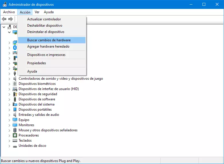 Buscar canvis de maquinari administrador dispositius windows 10