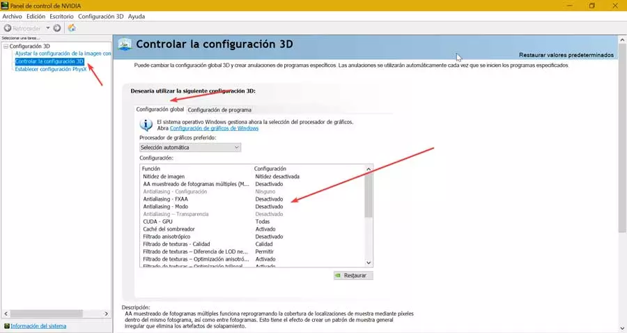 Panell de control de Nvidia desactivar Antialiasing