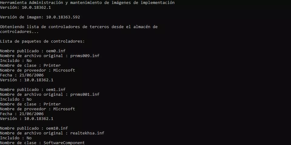 Seznam gonilnikov, nameščenih v sistemu Windows iz CMD