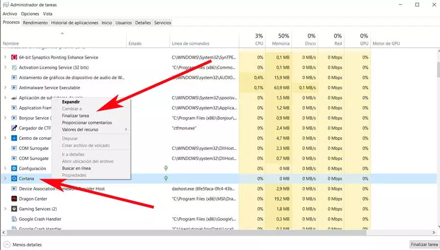 Fermer le processus Cortana