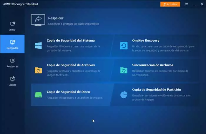 Menú de copia de seguranza de AOMEI Backupper