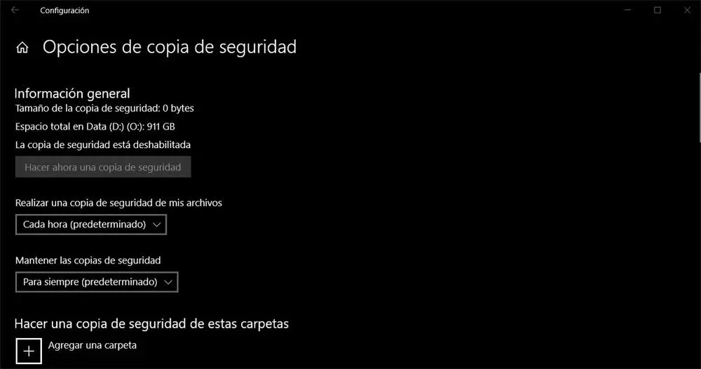 Opcións de copia de seguridade Windows 10