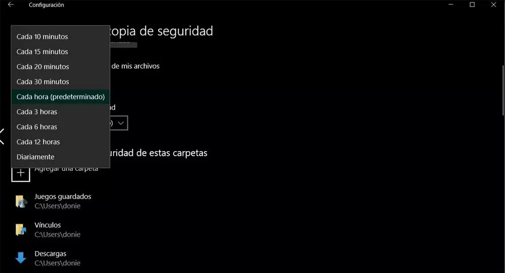 Opcións de tempo de copia de seguridade de Windows 10