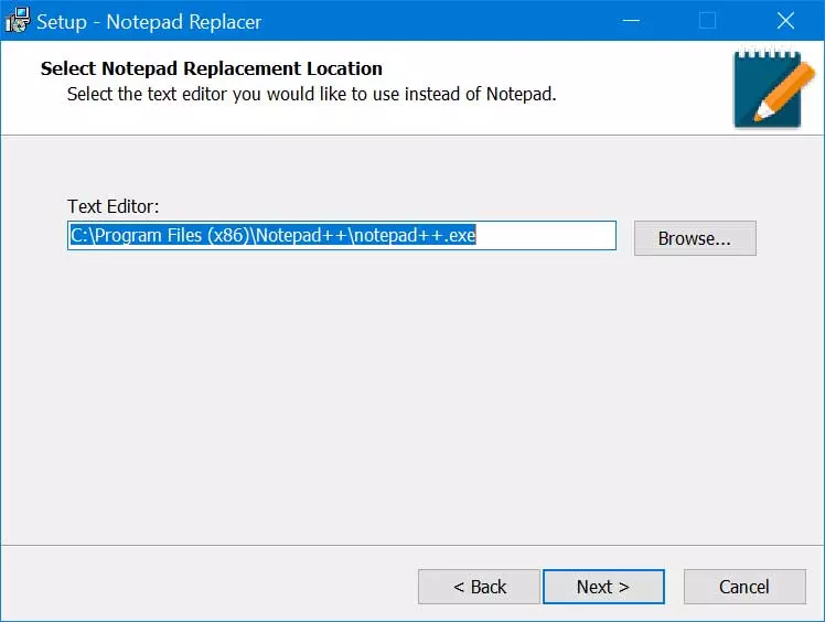 Notepad Replacer აირჩიეთ NotePad გზა