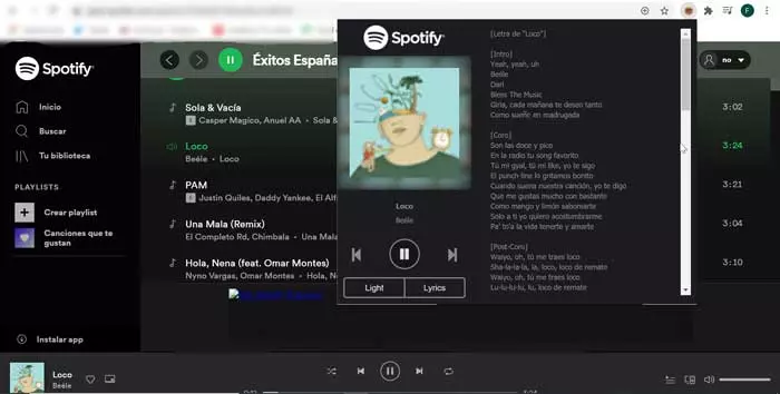 Spotify Web Player vezérlés dalszövegekkel