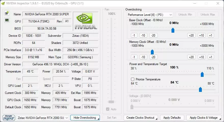 NVIDIA Inspector - Bayanai da OC