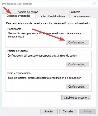 Opcións de rendemento avanzadas en Windows 10