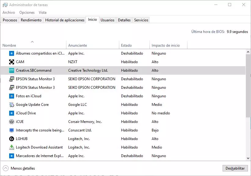 Impacto da aplicación de inicio de Windows