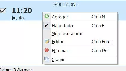 alarme menu contextuel