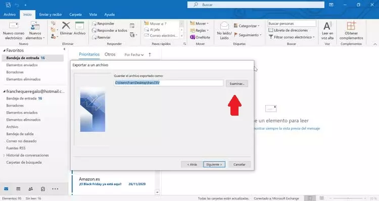 File di esportazione di Outlook nella destinazione