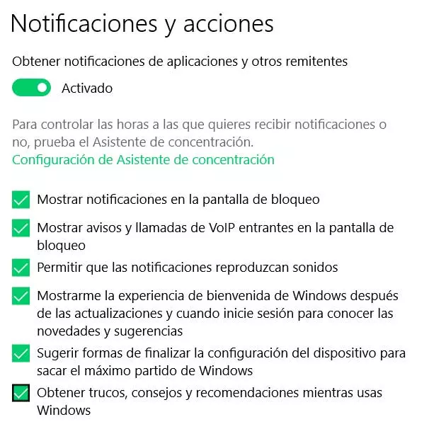 Options de notification Windows