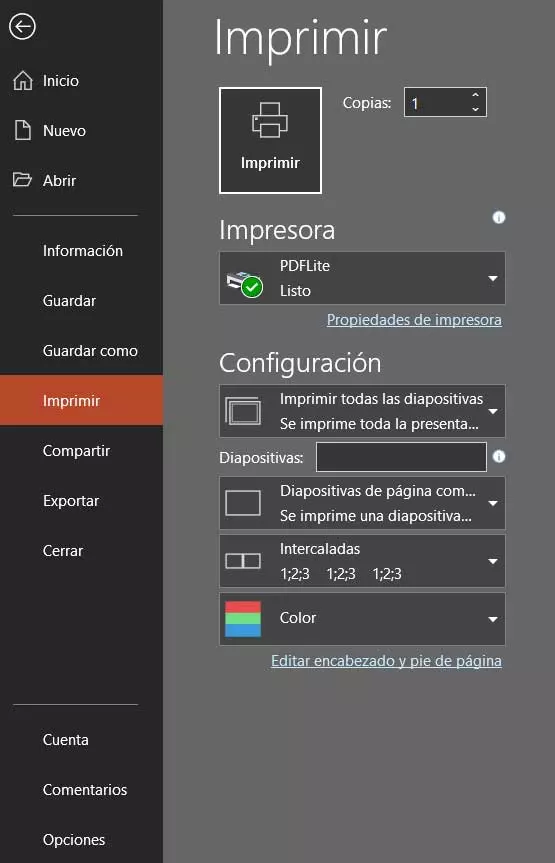 configurar a impresión