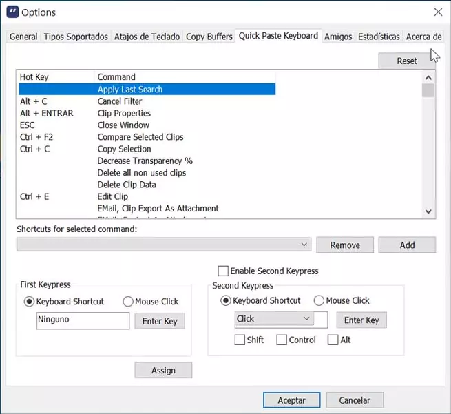 Ditto menú d'Opcions Quick Paste Keyboard