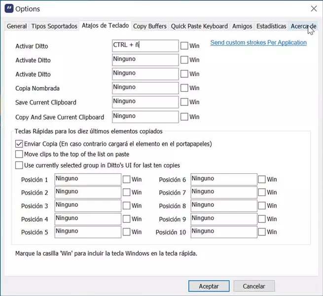 Ditto Options menu ug Keyboard Shortcuts