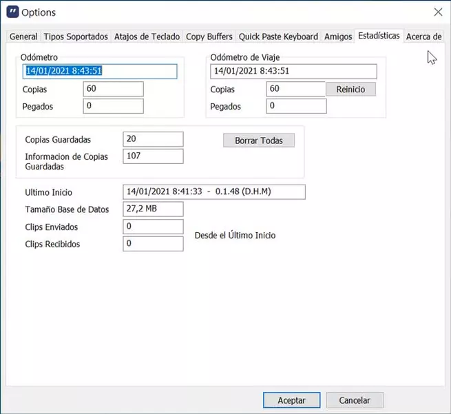 Ditto Options and Statistics menu